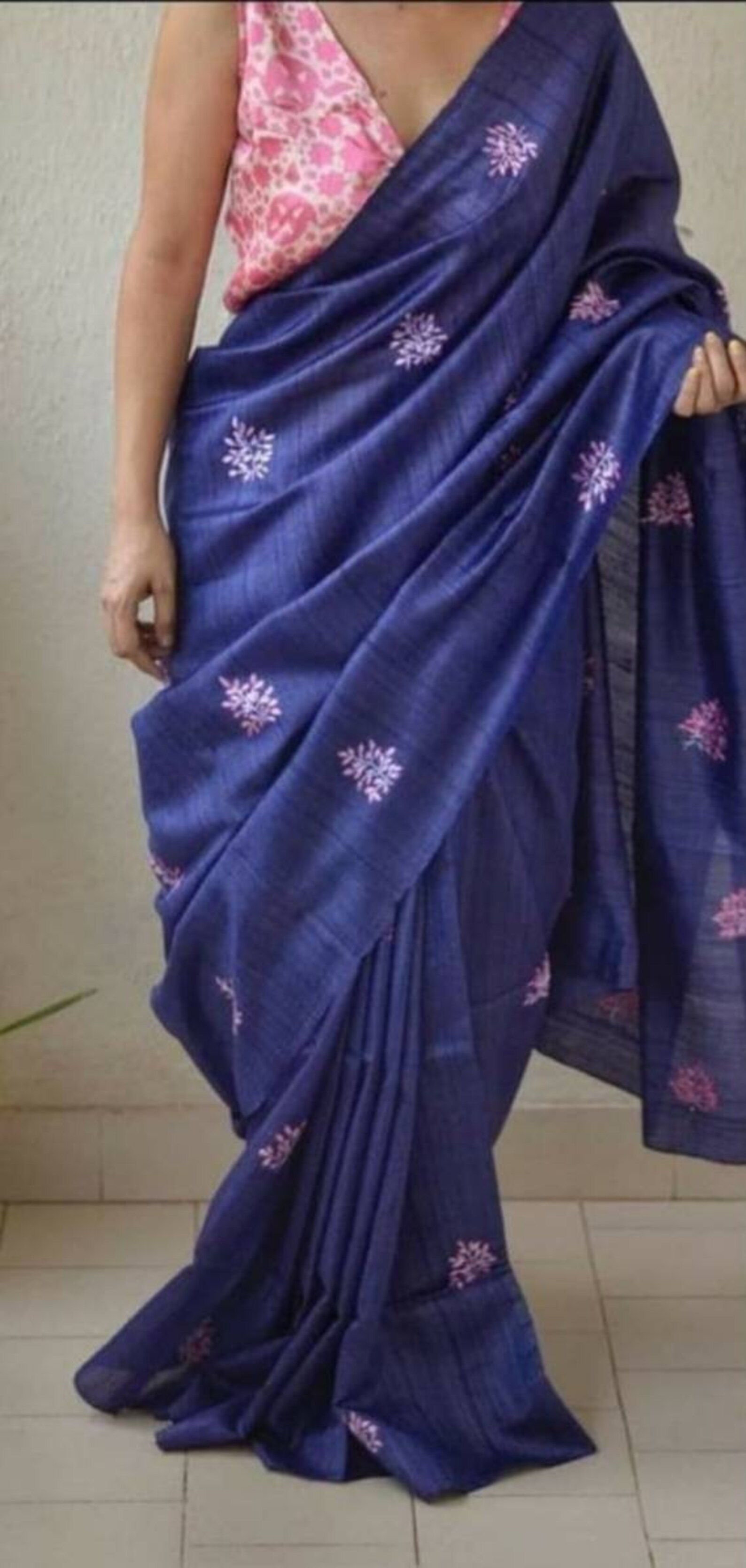 100%pure Tussar Ghicha Silk With Embroidery With Blouse Piece Handloom ...