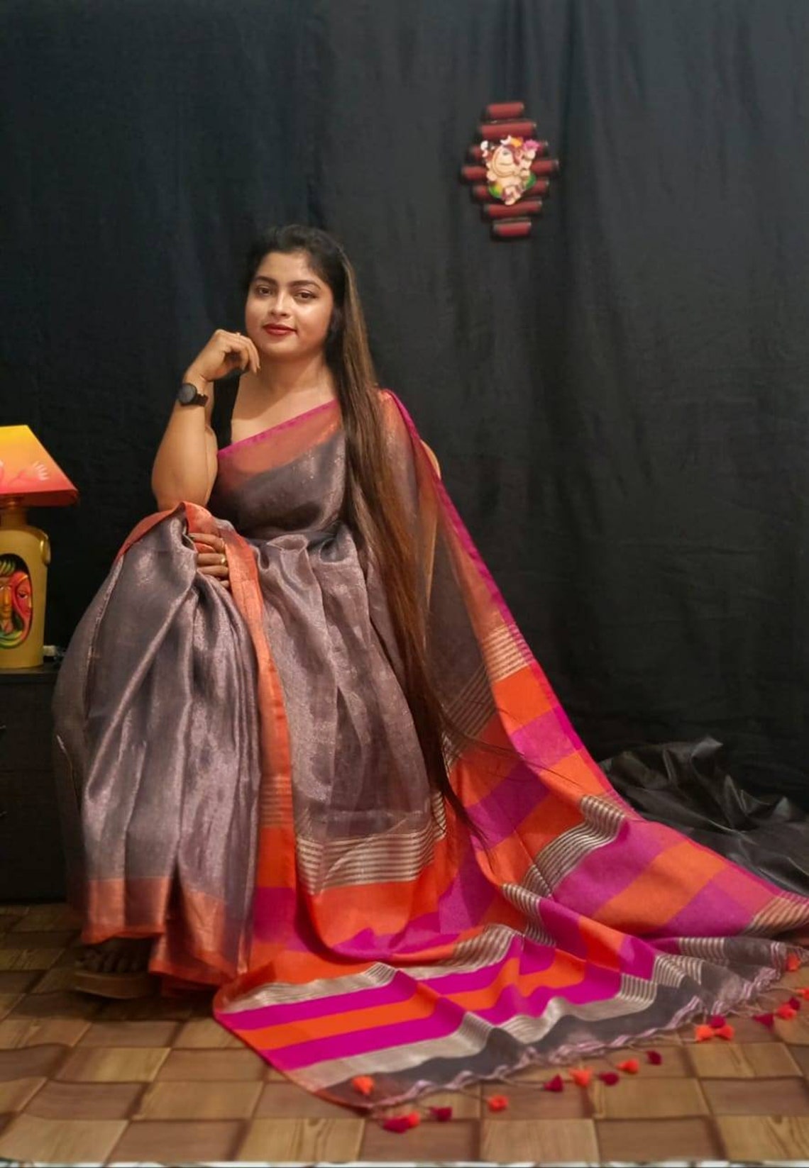 Linen Pure Tissue Linen Saree With Blouse Piece Handloom Sari - Etsy