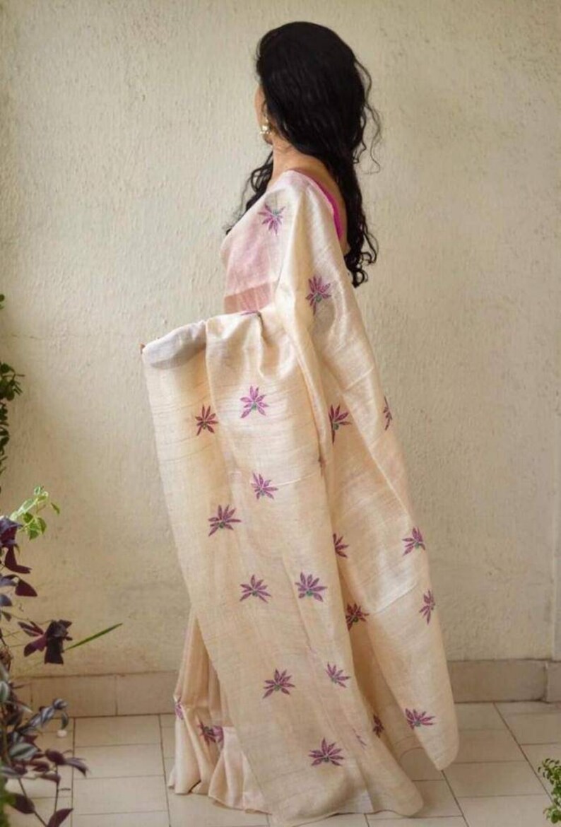 100%pure Tussar Ghicha Silk With Embroidery With Blouse Piece Handloom ...