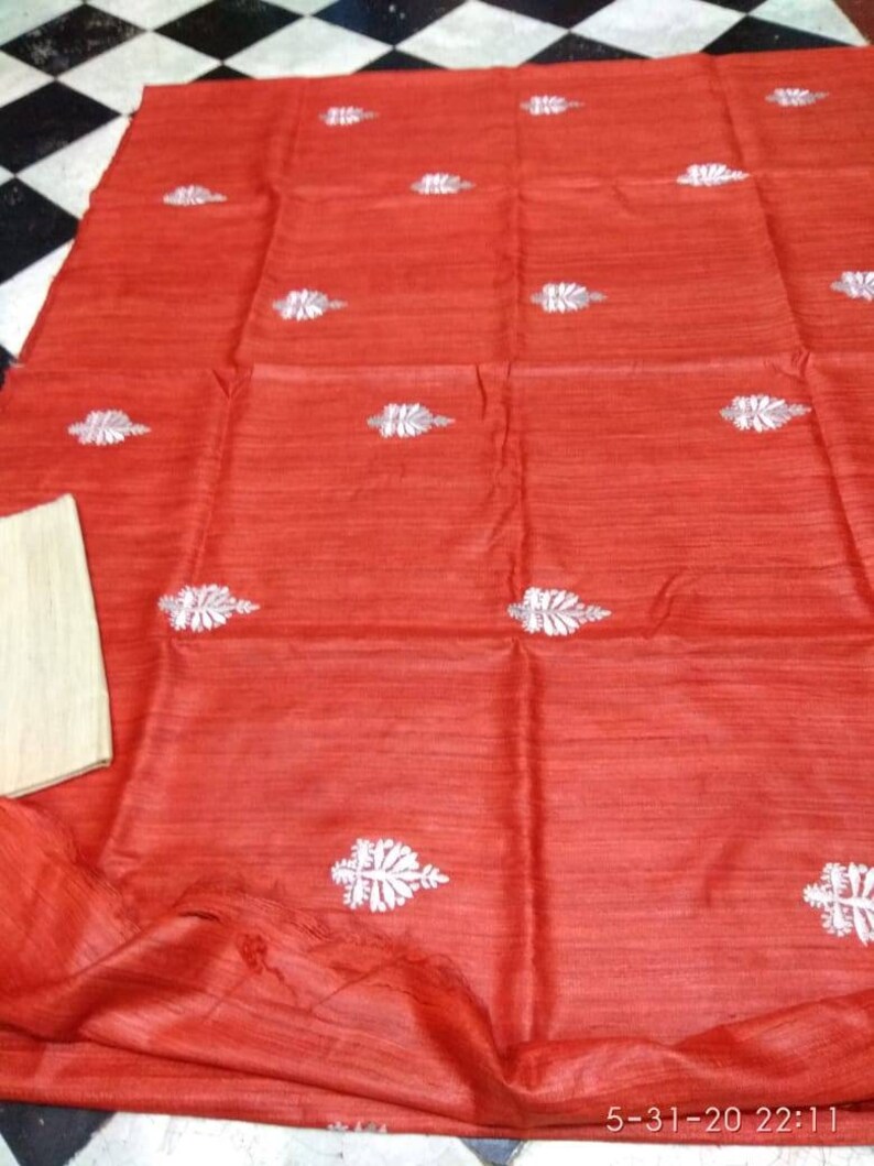 100%pure Tussar Ghicha Silk With Embroidery With Blouse Piece Handloom ...