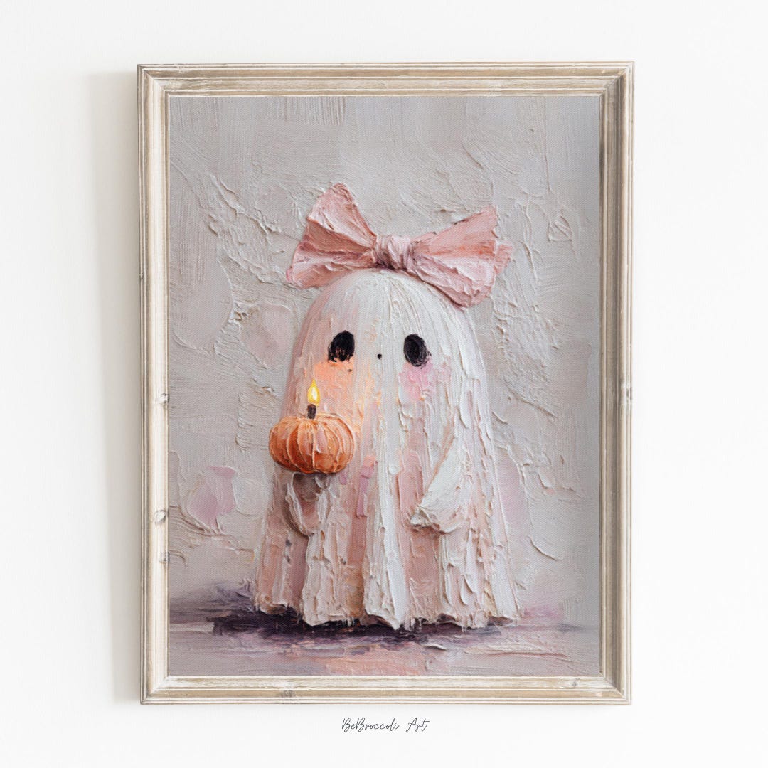 Cute Ghost Holding Candle Pink Bow Ghost Wall Art Print Halloween Decor ...