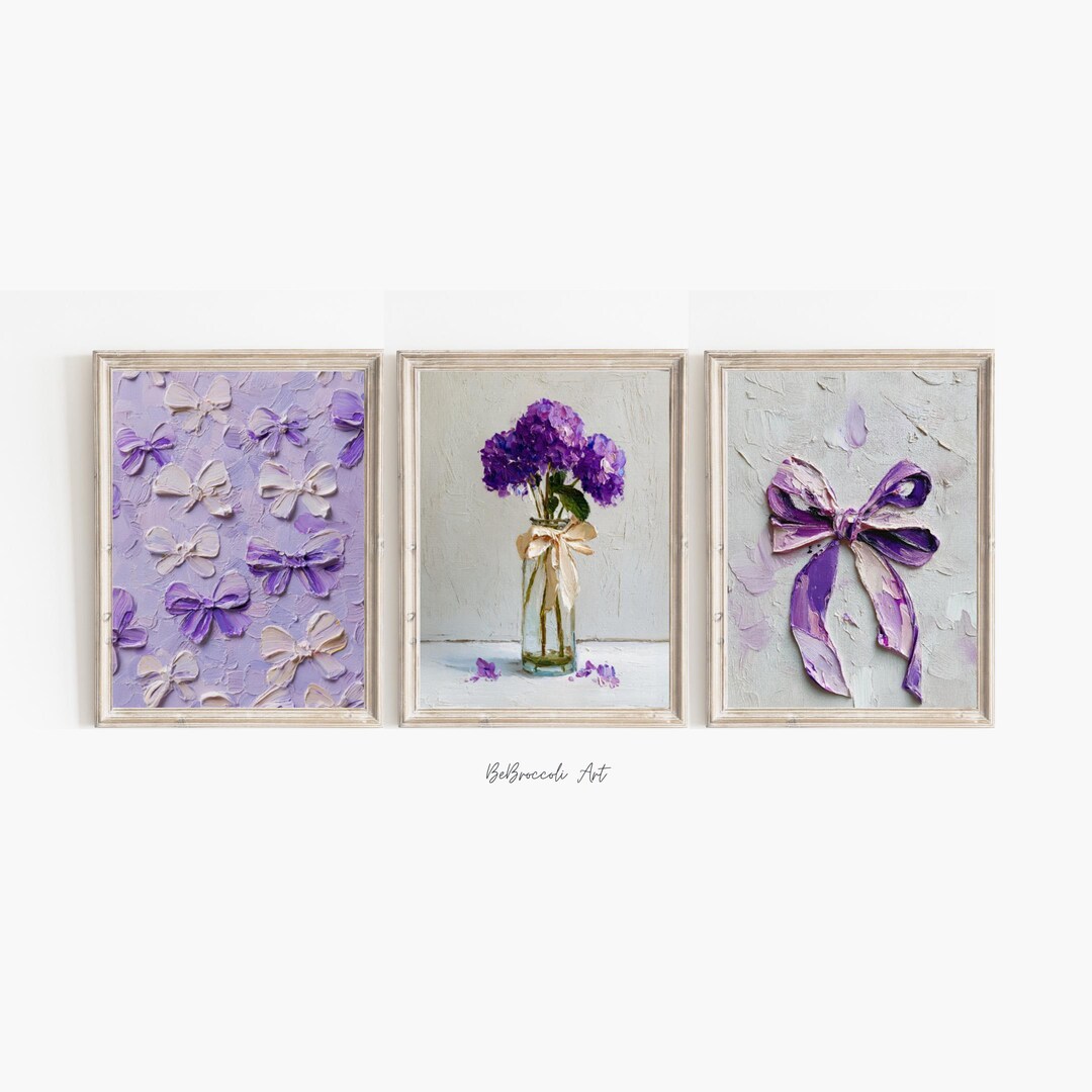 Purple Floral Bow Wall Art Oil Painting Print Set of 3 Bouquet Decor ...
