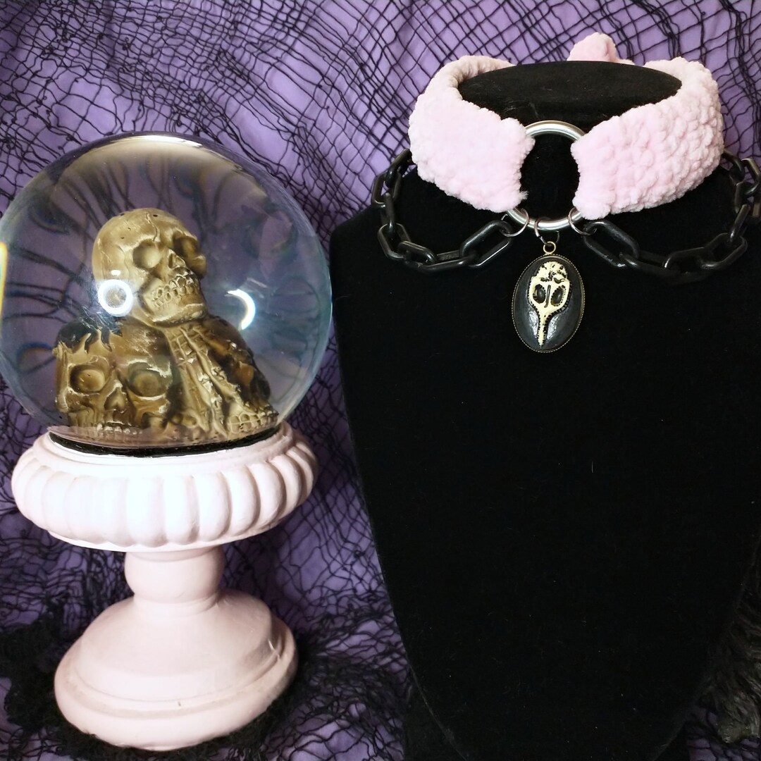 Pastel Pink Choker With Raven Skull Cabochan, Chains - Etsy
