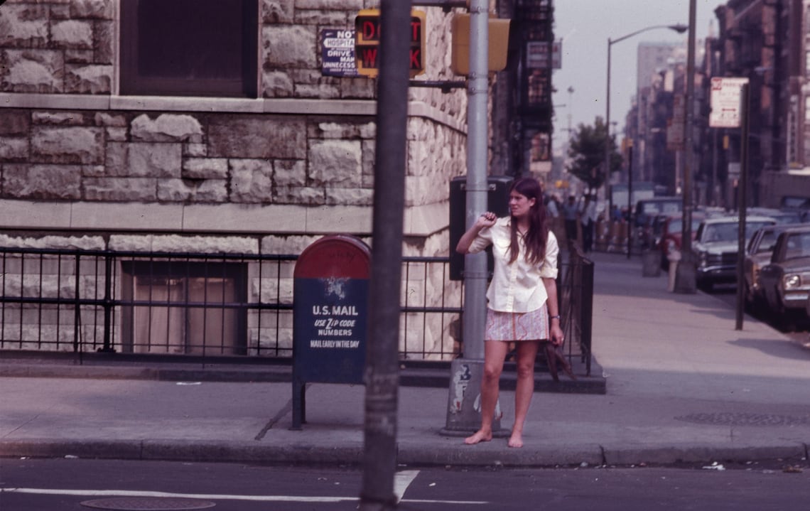 Barefoot Woman at New York City Crosswalk in 1970 Pedestrians Lower ...