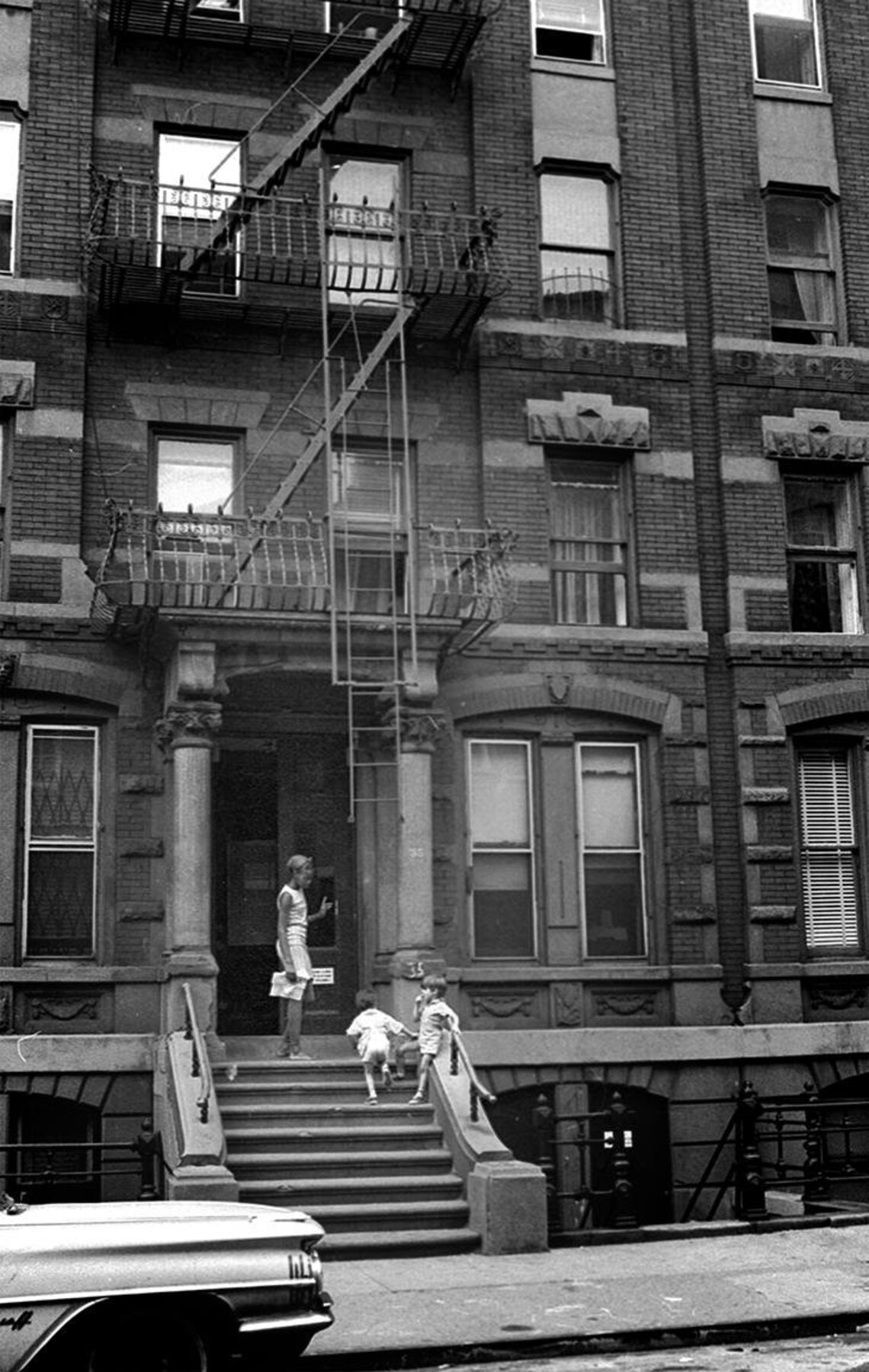 Mom and Kids Climbing Stoop in West Village Vintage Black and White ...