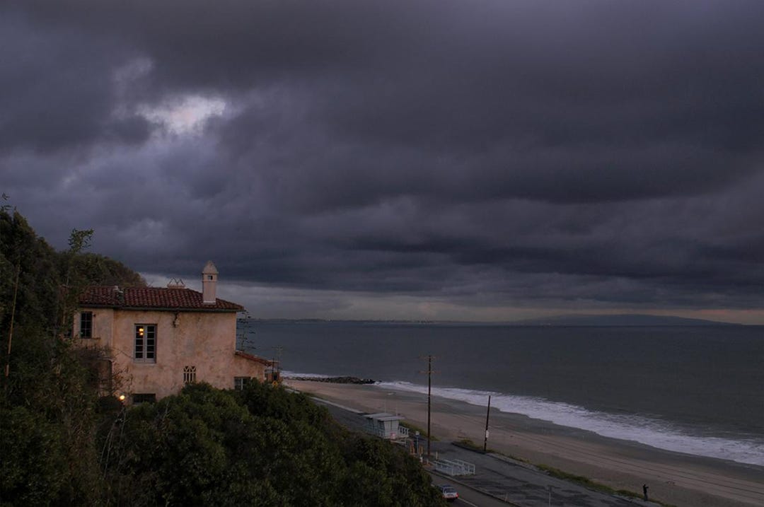 Santa Monica Beach and Cliffs With House, Ocean,twilight, California ...