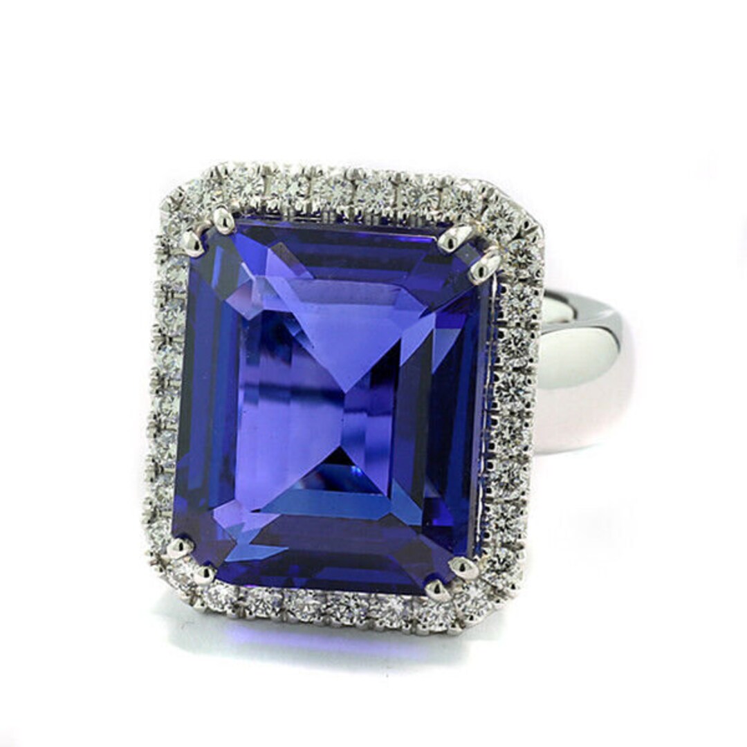 Halo Design Huge Royal Blue Emerald & Round White Moissanites Studded ...