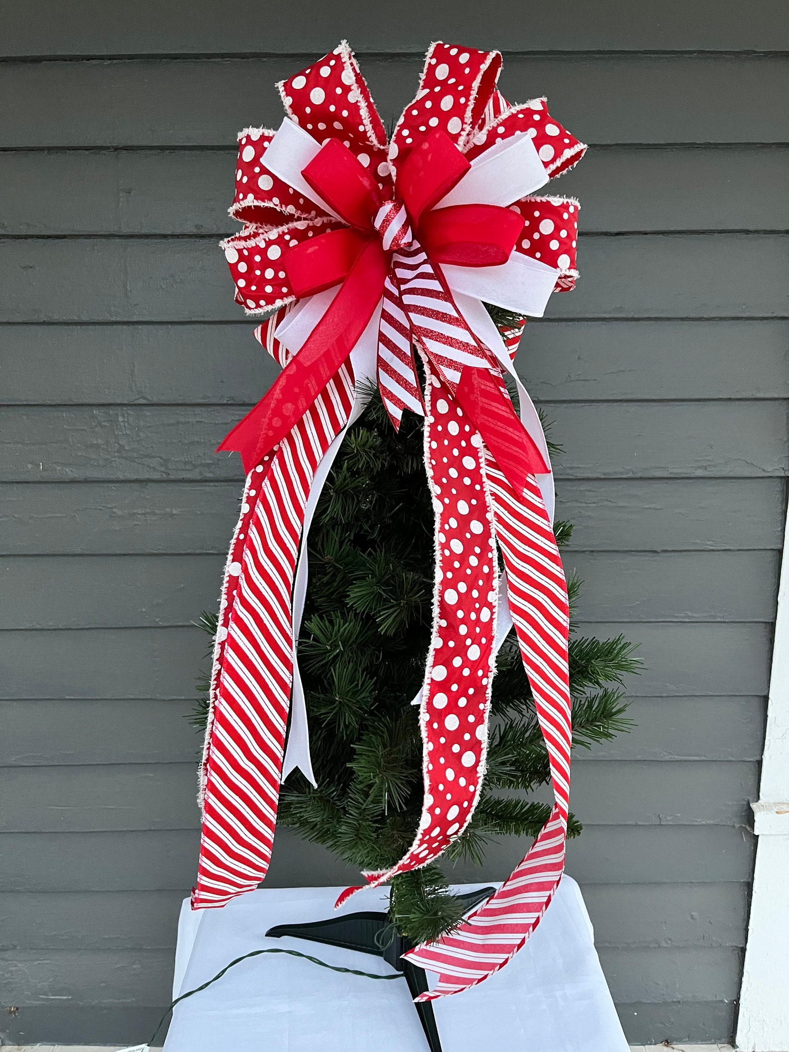 Candy Cane Christmas Tree Topper Bow, Red and White Wired Ribbon - Etsy