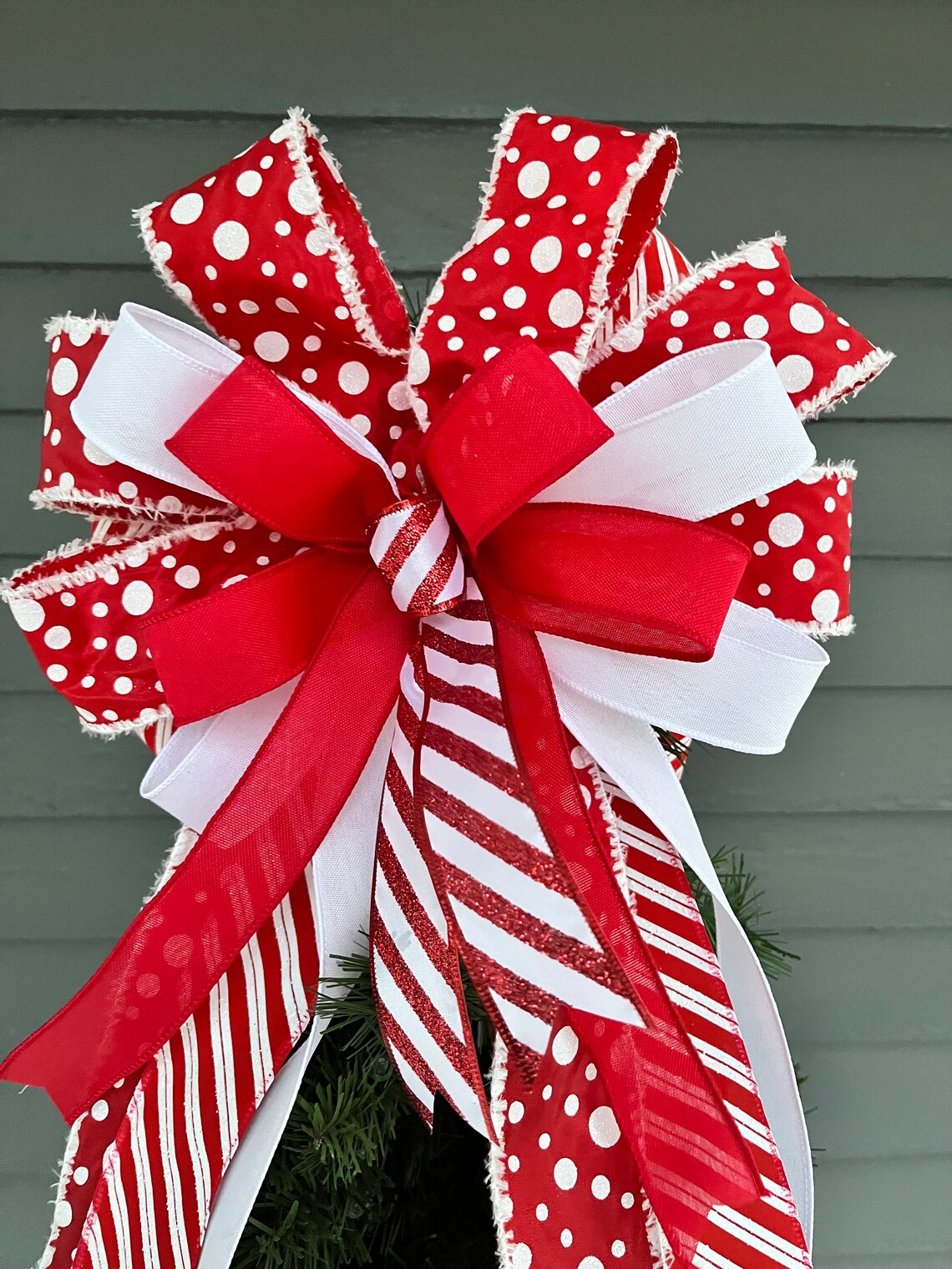 Candy Cane Christmas Tree Topper Bow, Red and White Wired Ribbon - Etsy