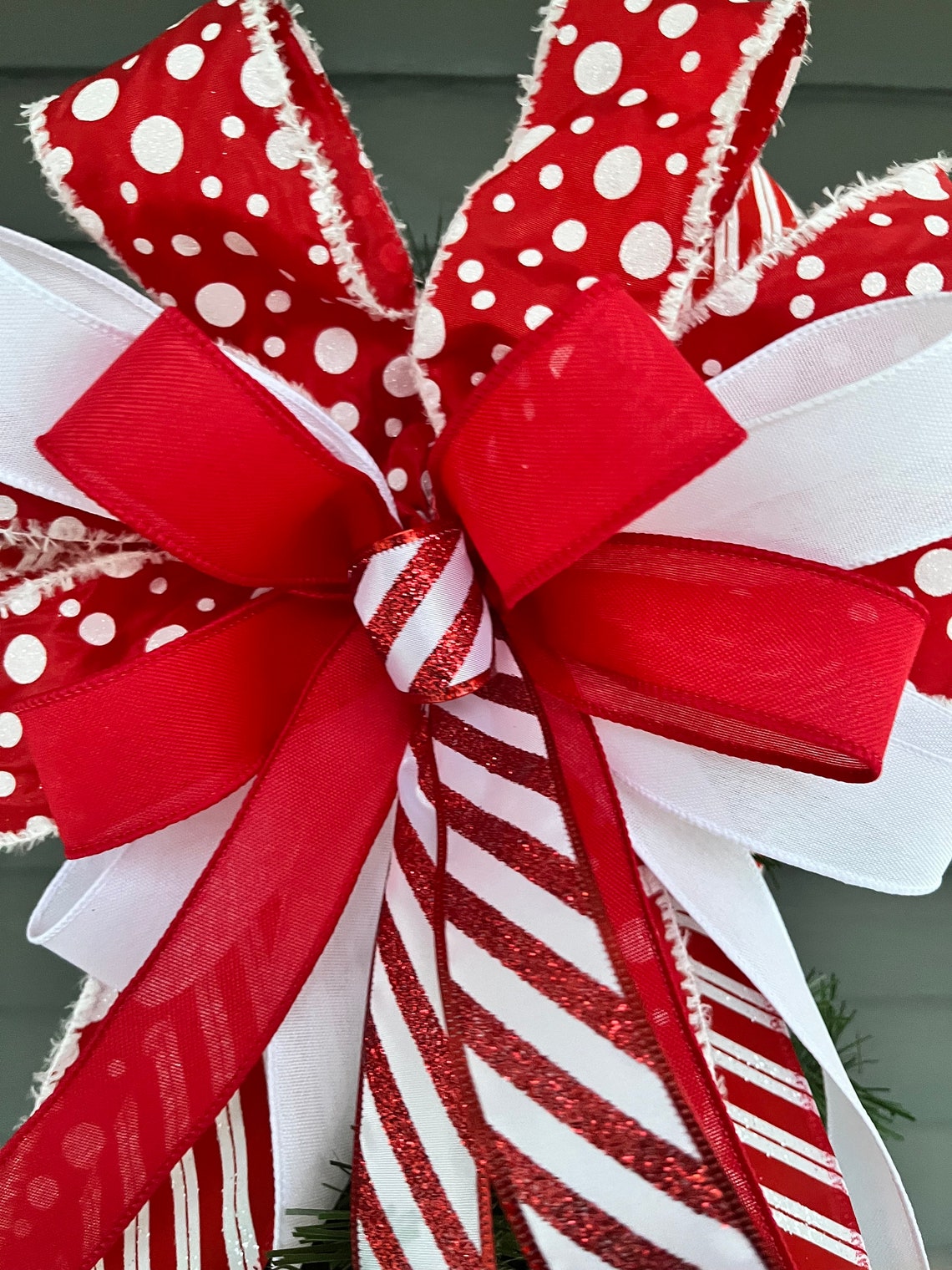 Candy Cane Christmas Tree Topper Bow, Red and White Wired Ribbon - Etsy