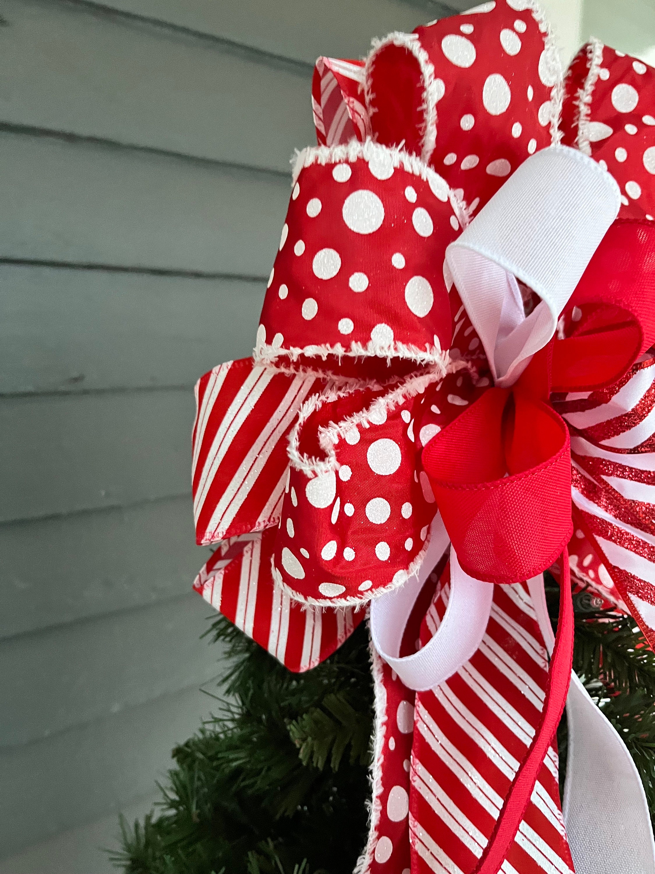 Candy Cane Christmas Tree Topper Bow, Red and White Wired Ribbon - Etsy