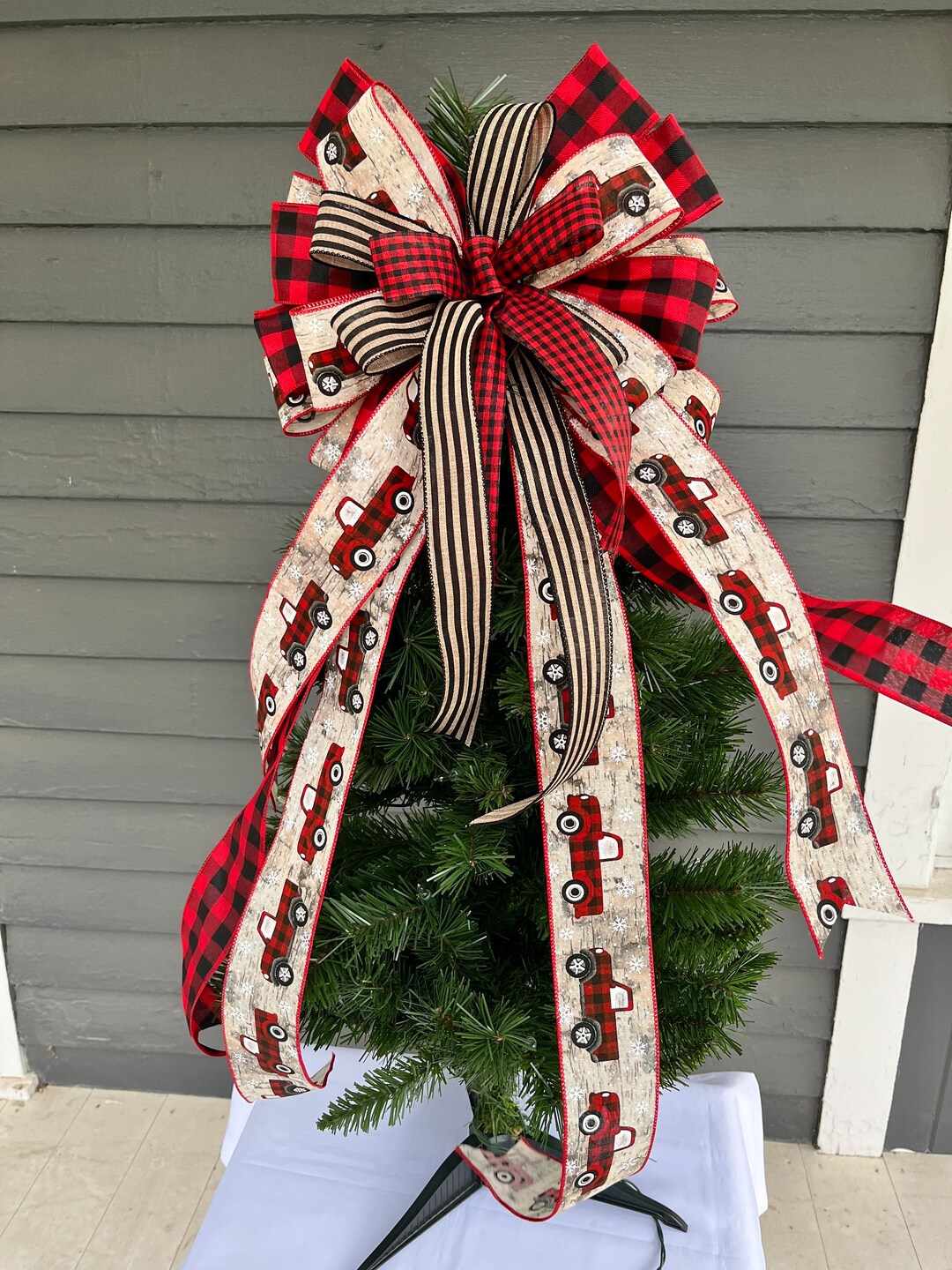 Red Truck Tree Topper Bow, Buffalo Plaid Tree Topper Bow, Tree Topper ...