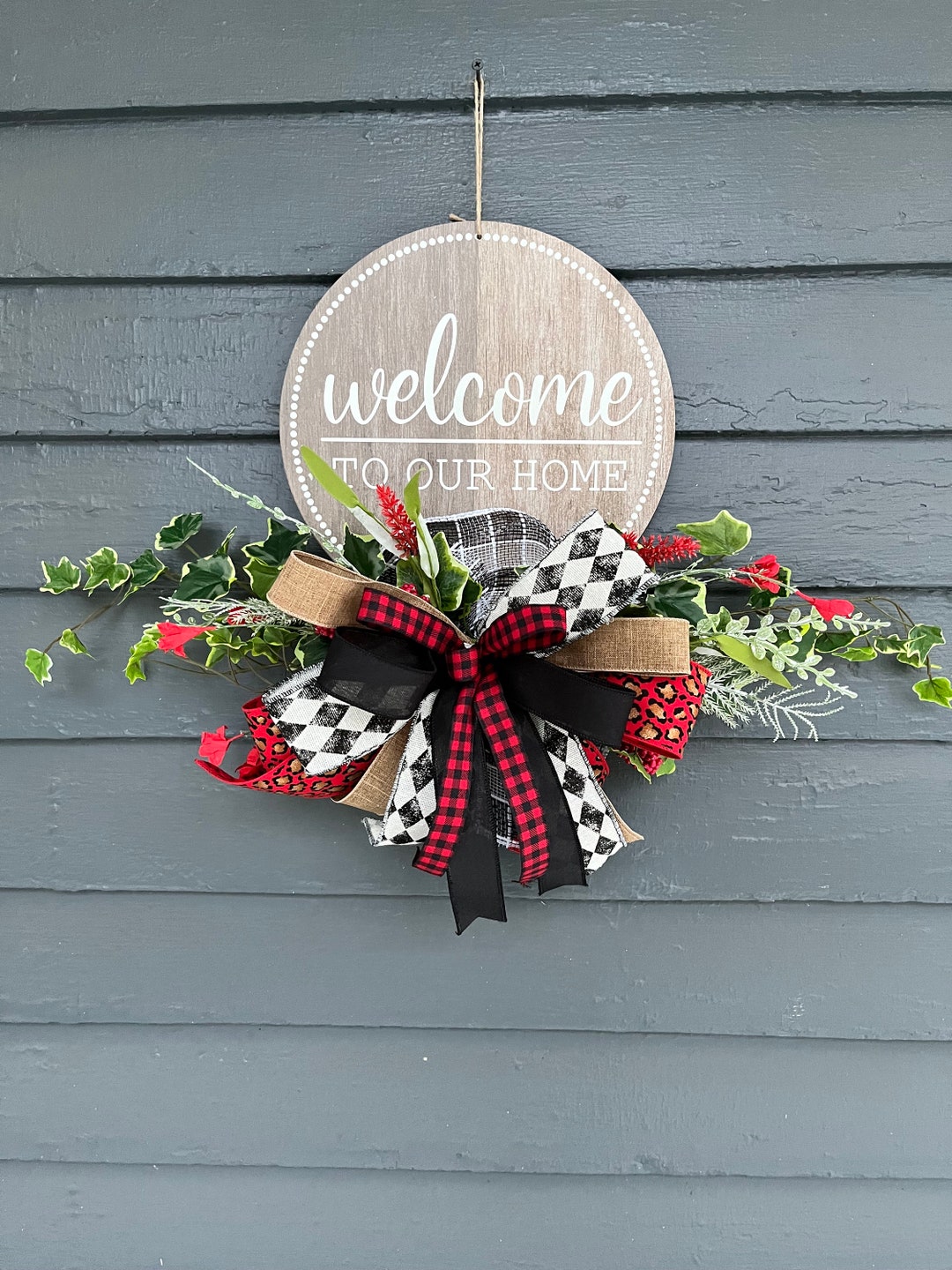Welcome Door Hanger, Buffalo Plaid Bow, Farmhouse Decor - Etsy