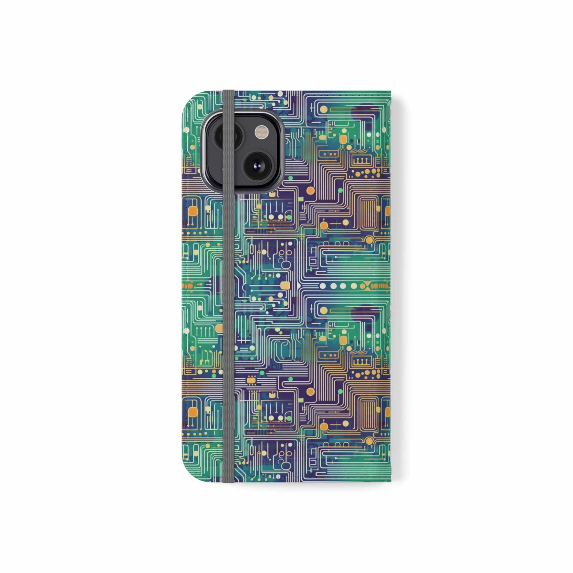 Circuit Board Design on Vegan Faux Leather Flip Phone Case With Wallet ...