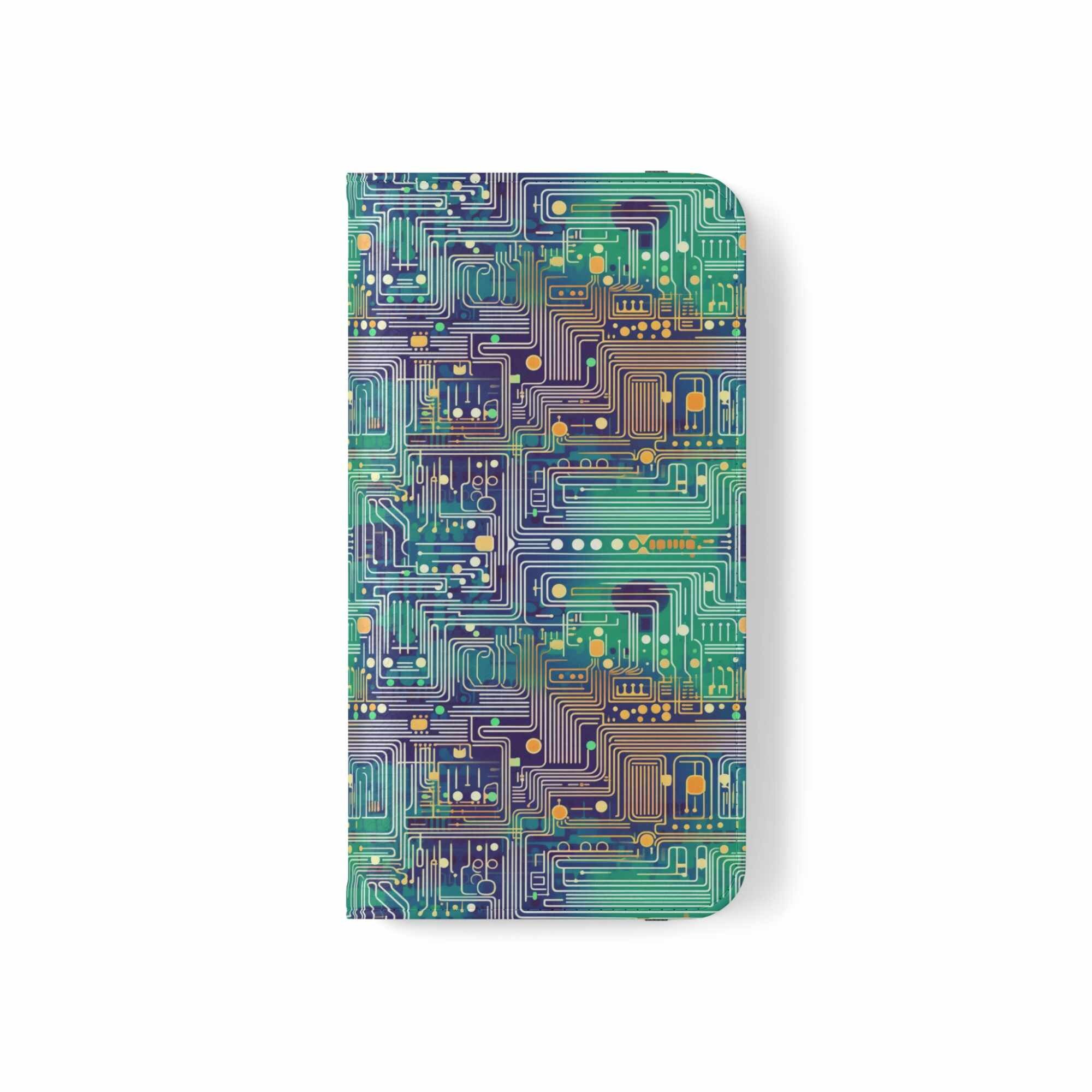 Circuit Board Design on Vegan Faux Leather Flip Phone Case With Wallet ...