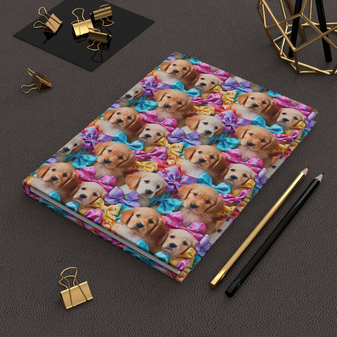 Golden Retriever Puppies in Big Bows Design on Matte Hardcover Journal ...