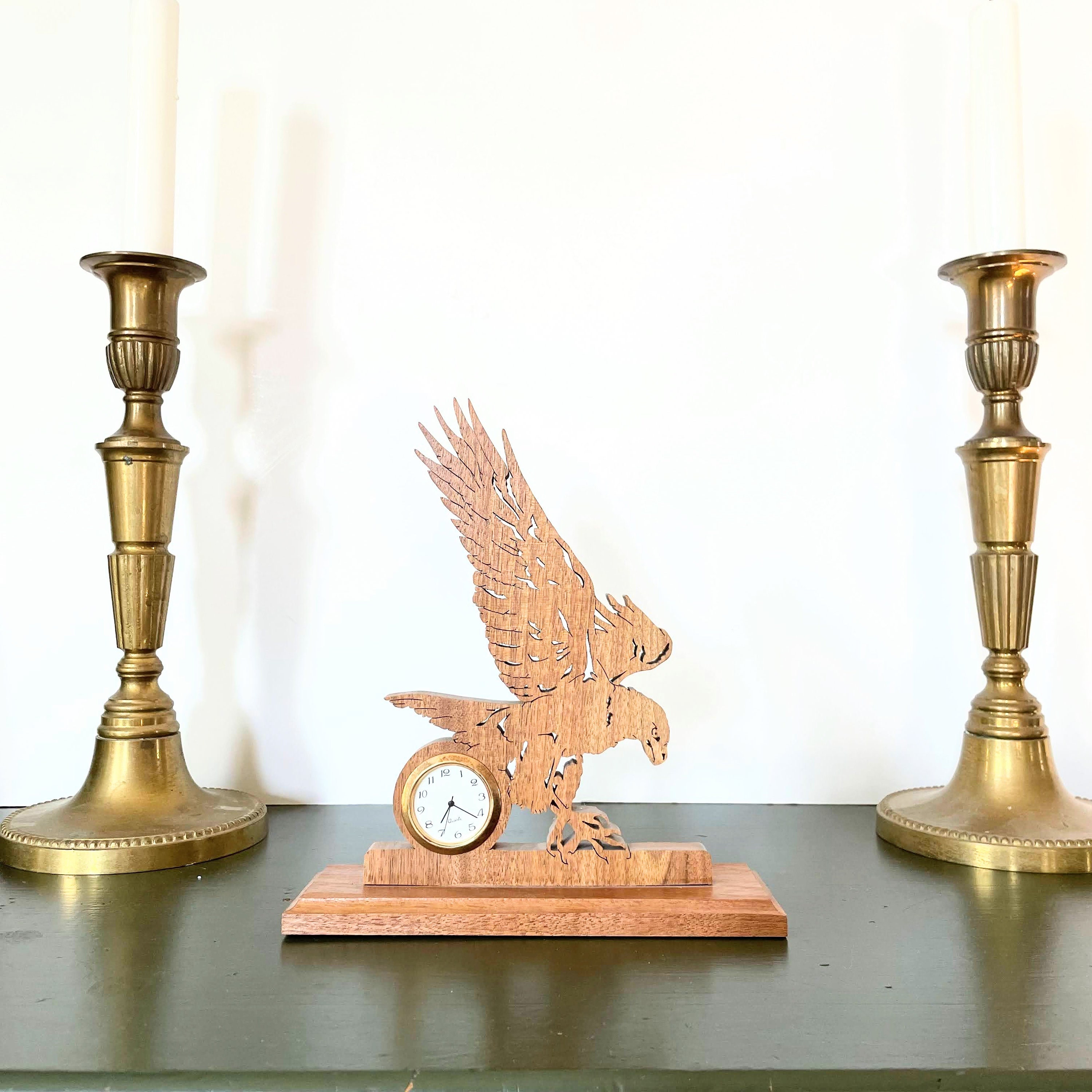 A Vintage Laser Cut Wood Eagle Landing Clock Oak Carved Clock Mantle ...
