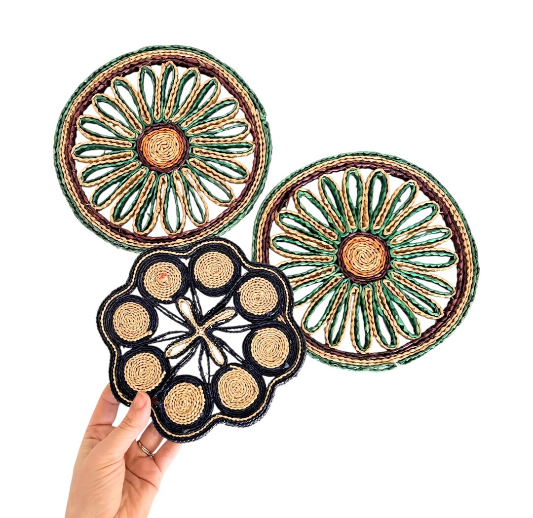 A Set of 3 Vintage Floral Woven Pot Mats | Decorative Jute Plant Pot ...