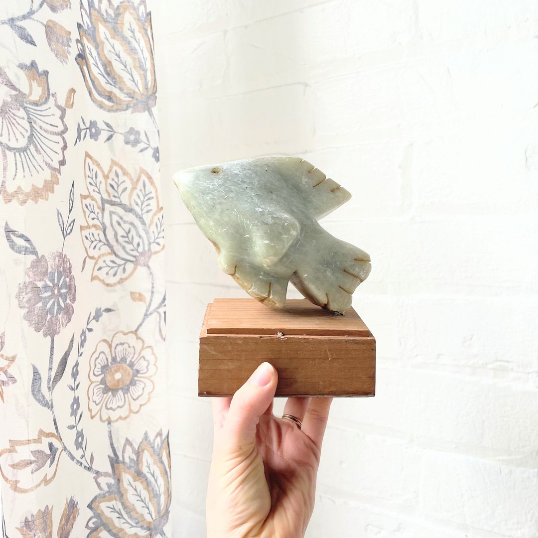 A Vintage Hand Carved Stone Honed Alabaster Fish Figurine on Wood ...