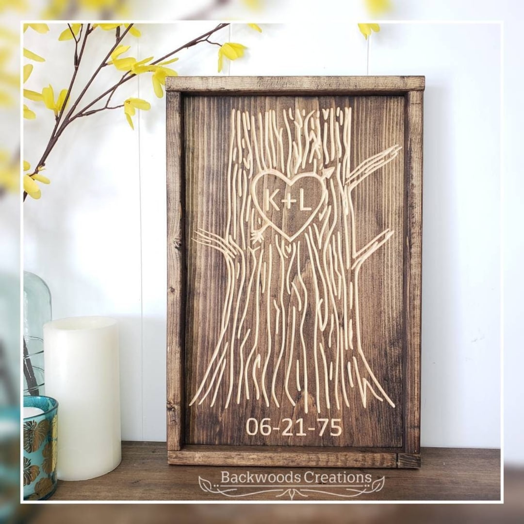 Initials in Heart Tree, Couples Name Sign, Carved Names, Engraved ...