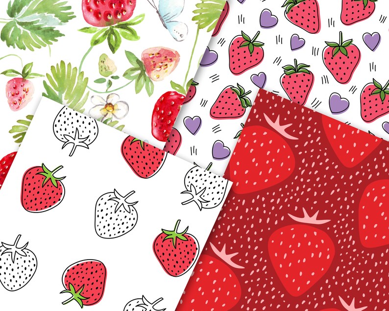 20 Strawberry Themed Digital Papers, Seamless Commercial Use Instant ...