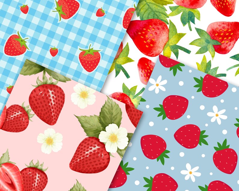 20 Strawberry Themed Digital Papers, Seamless Commercial Use Instant ...