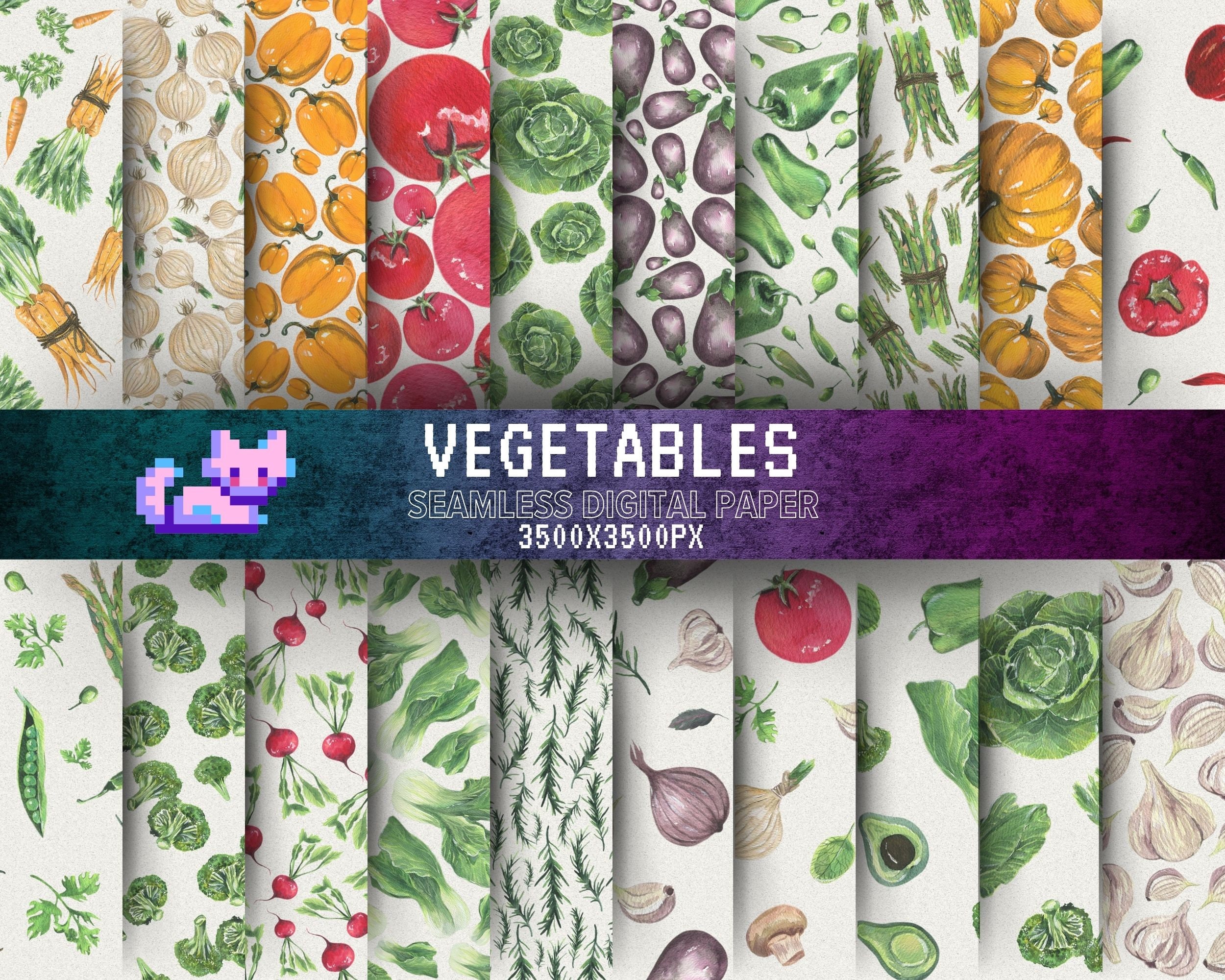 Vegetable Digital Paper Pack With Watercolor Vegetables & Herbs ...
