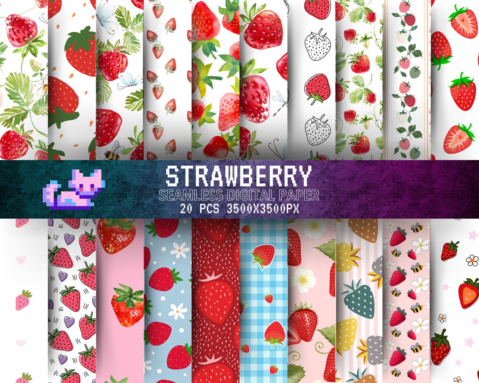20 Strawberry Themed Digital Papers, Seamless Commercial Use Instant ...