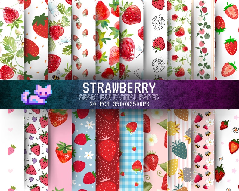 20 Strawberry Themed Digital Papers, Seamless Commercial Use Instant ...