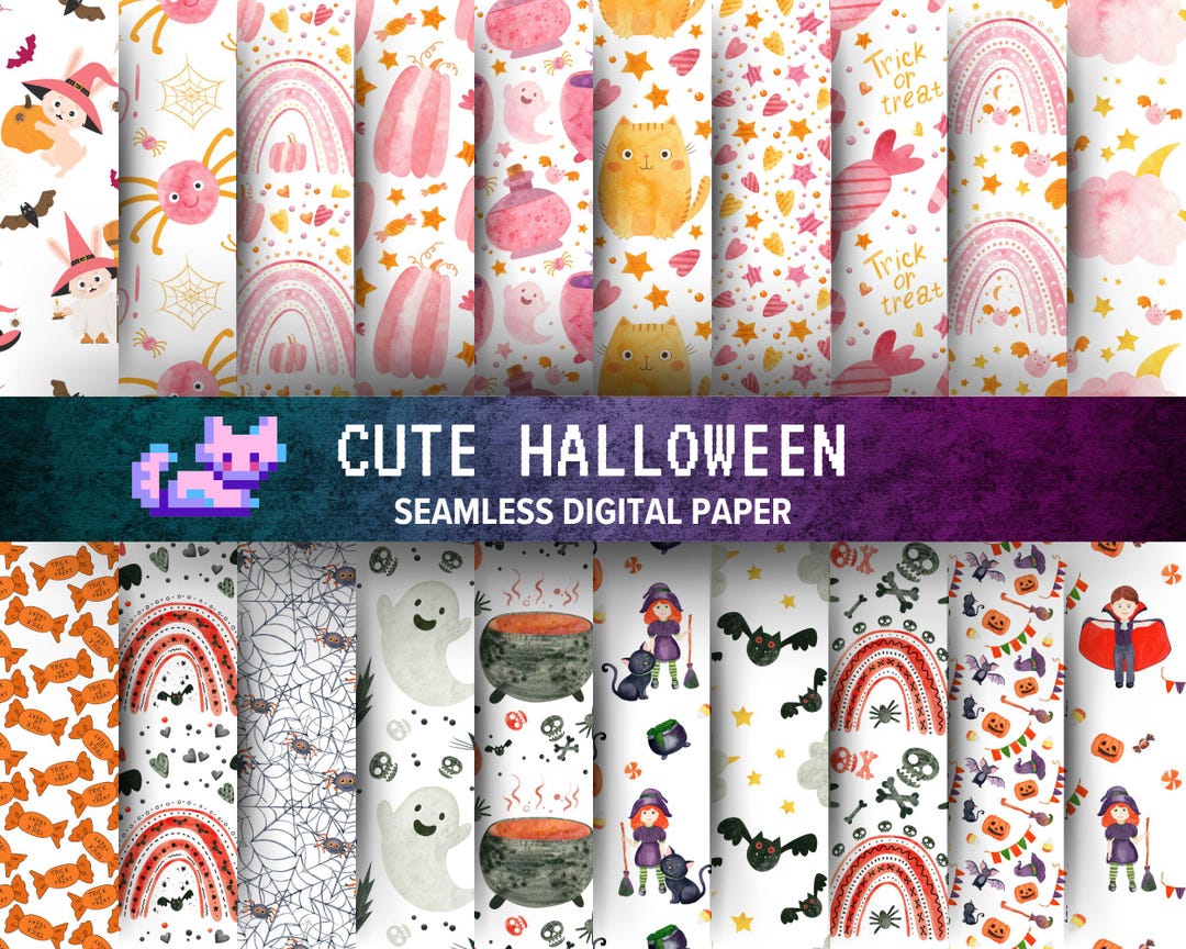 Pink Halloween Digital Paper Pack, Pastel Scrapbook Patterns (digital ...