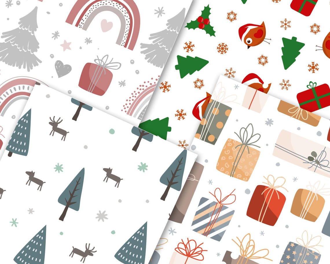 Boho Christmas Digital Paper Set: Floral Holiday Patterns (commercial ...