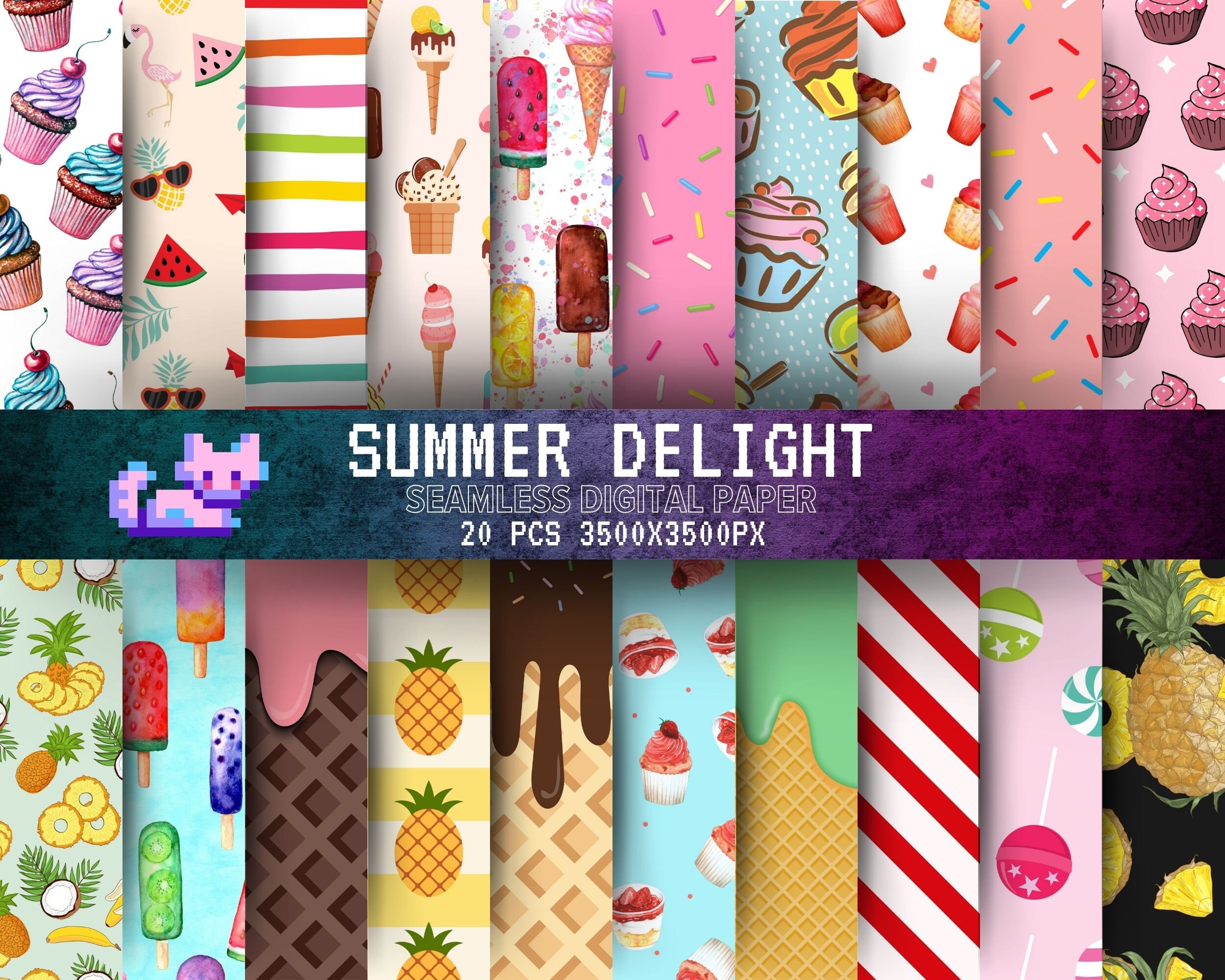 Seamless Ice Cream & Candy Digital Paper - Pineapple, Cupcake, Summer ...
