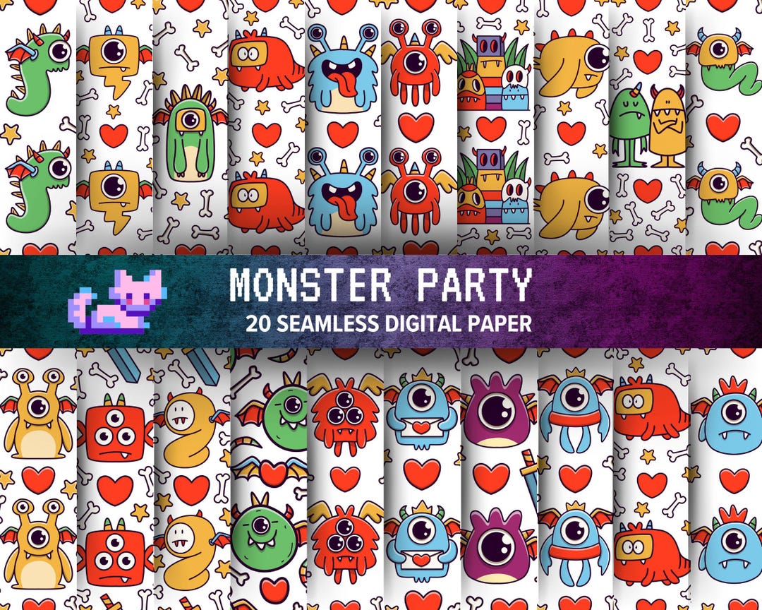 20 Monsters Digital Paper Pack, Cute Seamless Monster Patterns for ...