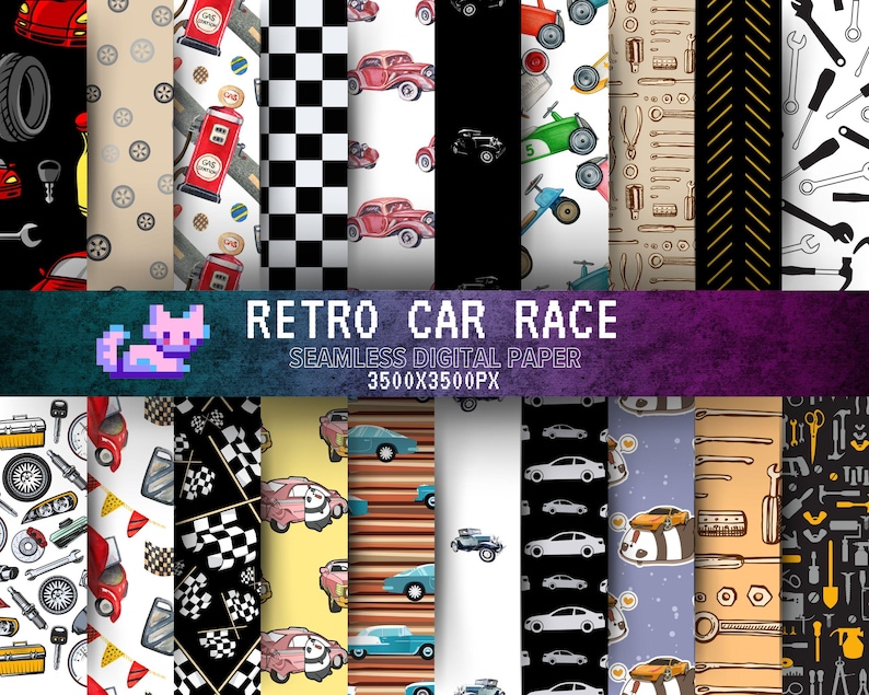 Retro Race Car Digital Paper Pack: Vintage Seamless Patterns (instant ...
