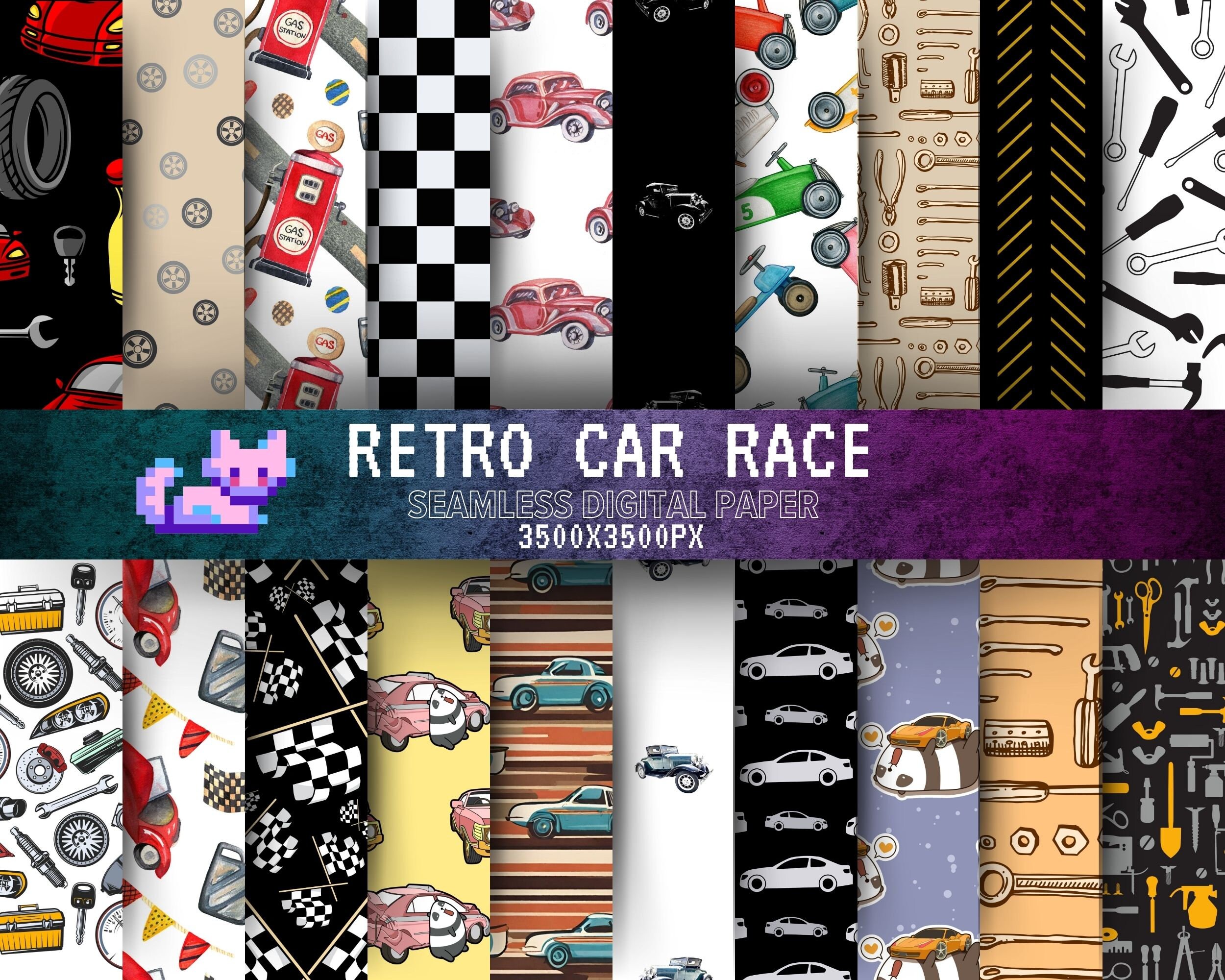 Retro Race Car Digital Paper Pack, Vintage Car Background Seamless ...