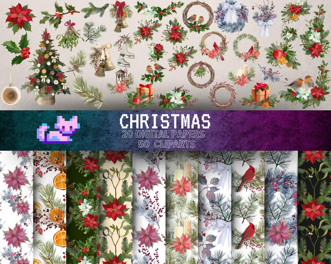 Christmas Digital Paper & Clipart: Patterns and Stickers for ...