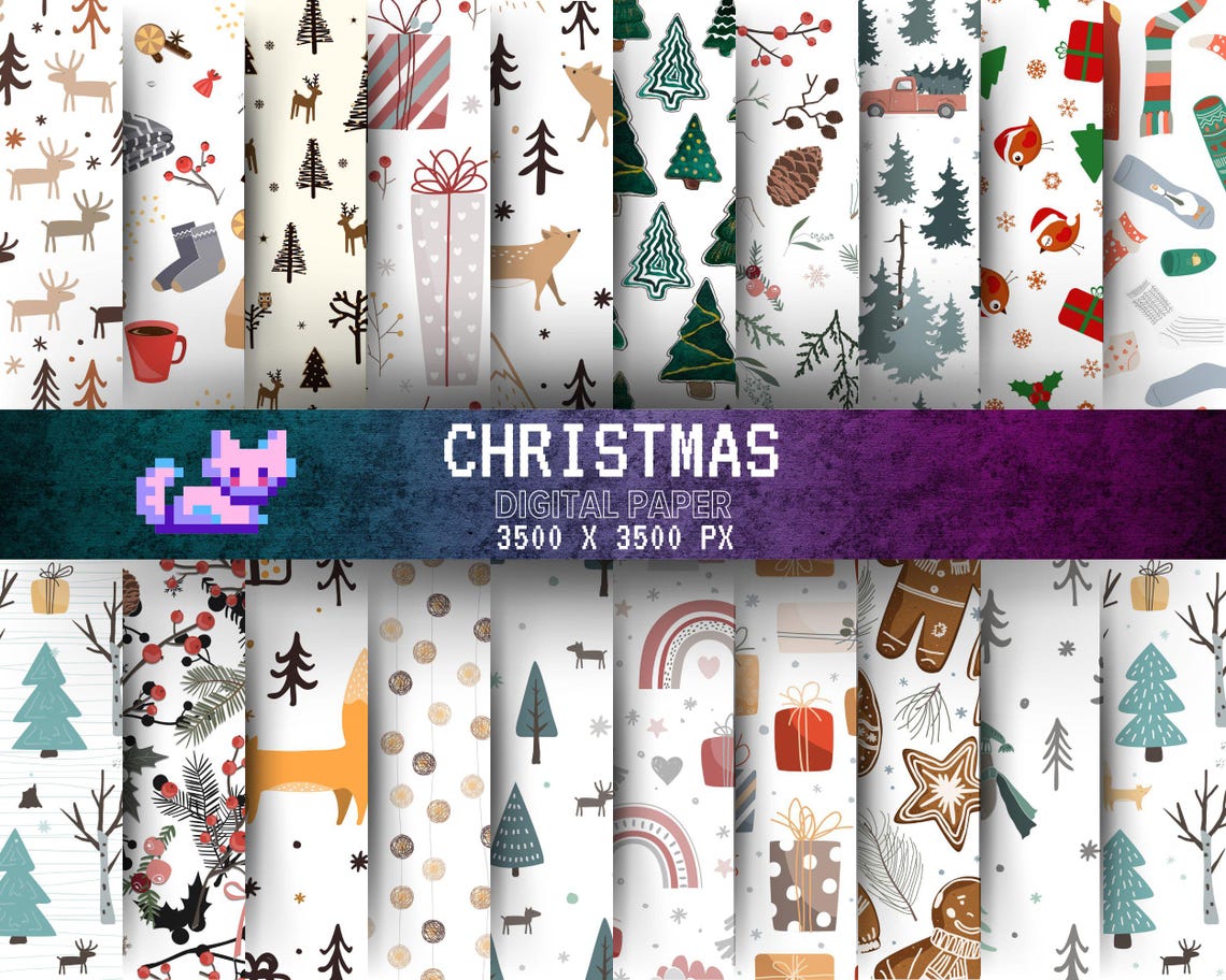 Boho Christmas Digital Paper Set: Floral Holiday Patterns (commercial ...