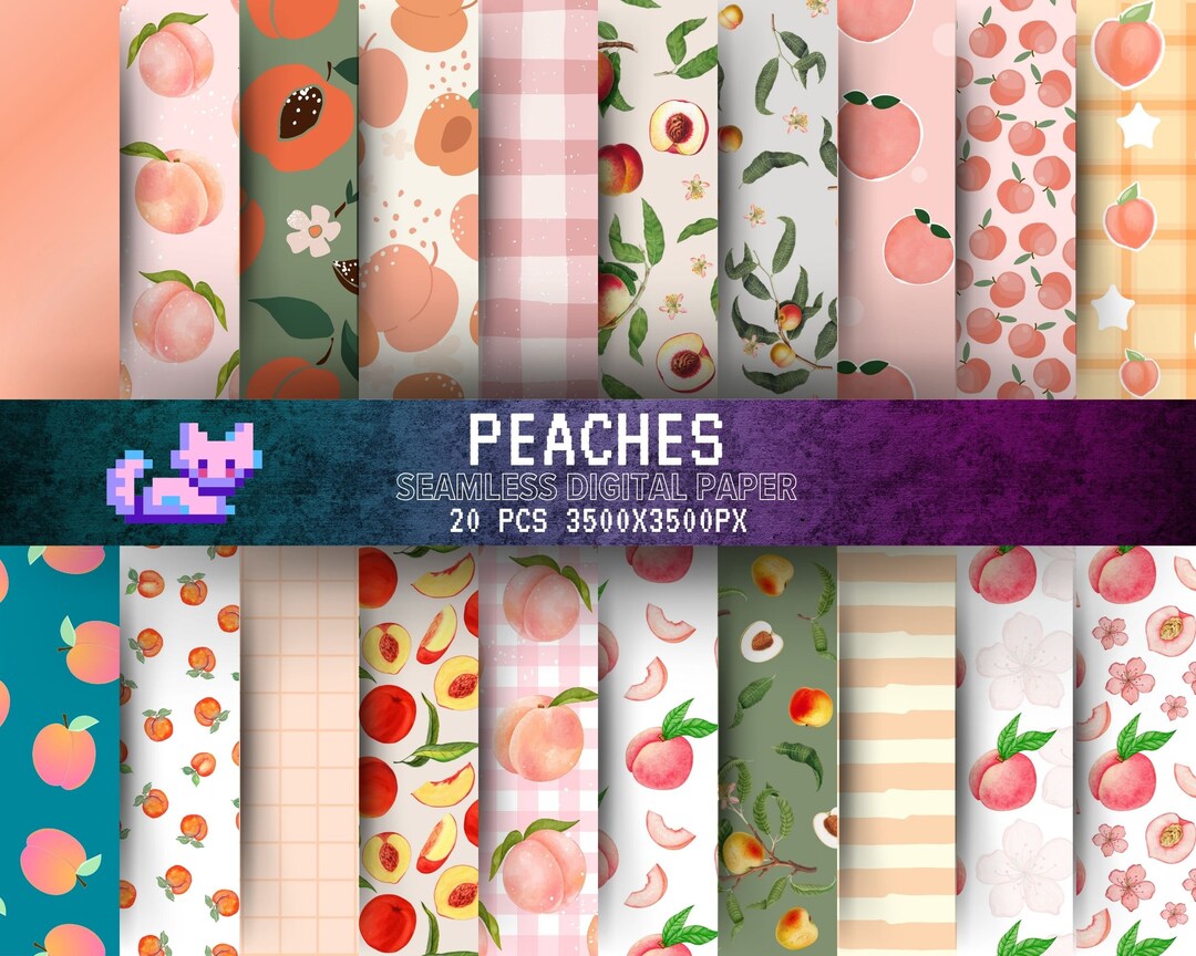 Summer Peaches Seamless Digital Papers & Clipart Set: Peach Fruit ...
