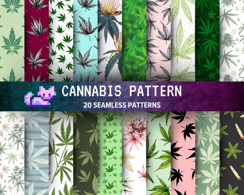 Cannabis Leaf Pattern, Botanical Art, Seamless Digital Paper (instant ...