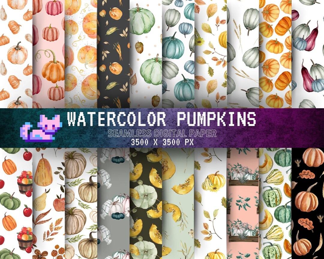 Watercolor Pumpkins Seamless Patterns: 20 Pumpkin Digital Paper Designs ...