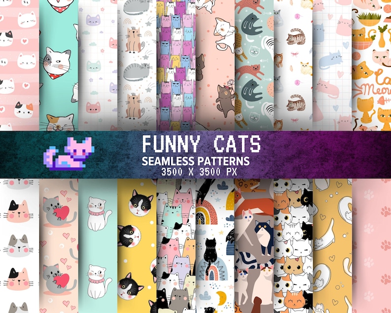 Funny Cats Digital Paper Pack: Kitten Scrapbook Patterns (instant ...