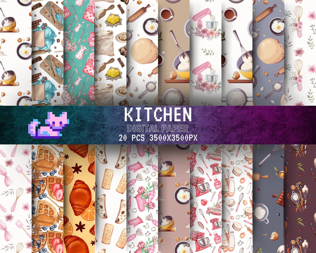 Seamless Kitchen Digital Paper Pack: Watercolor Cooking Objects ...