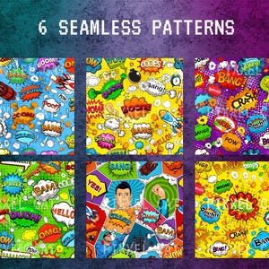 Superhero Comic Book Digital Paper Pack, 6 Seamless Patterns & 14 Pop ...