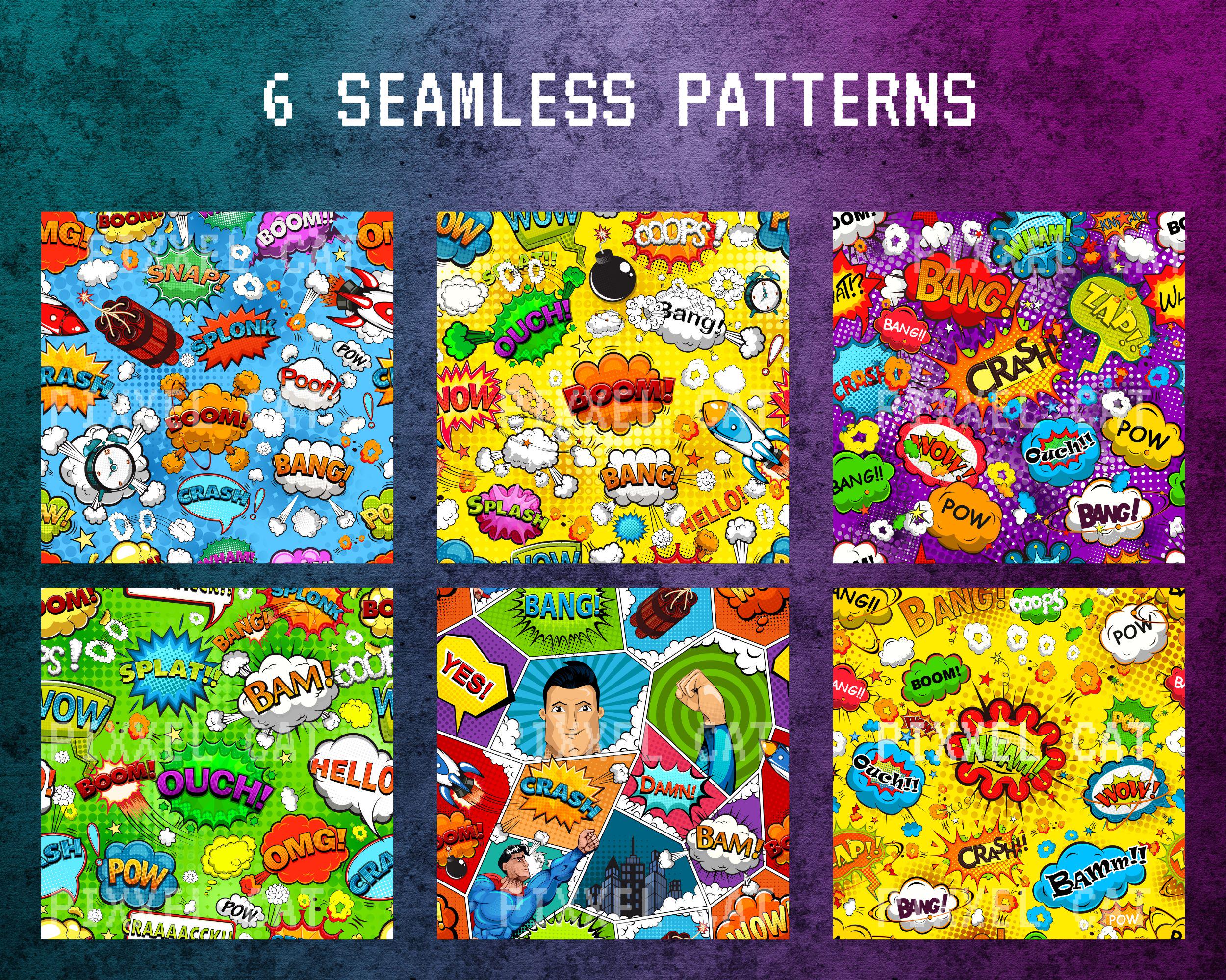 Superhero Comic Book Digital Paper Pack, 6 Seamless Patterns & 14 Pop ...