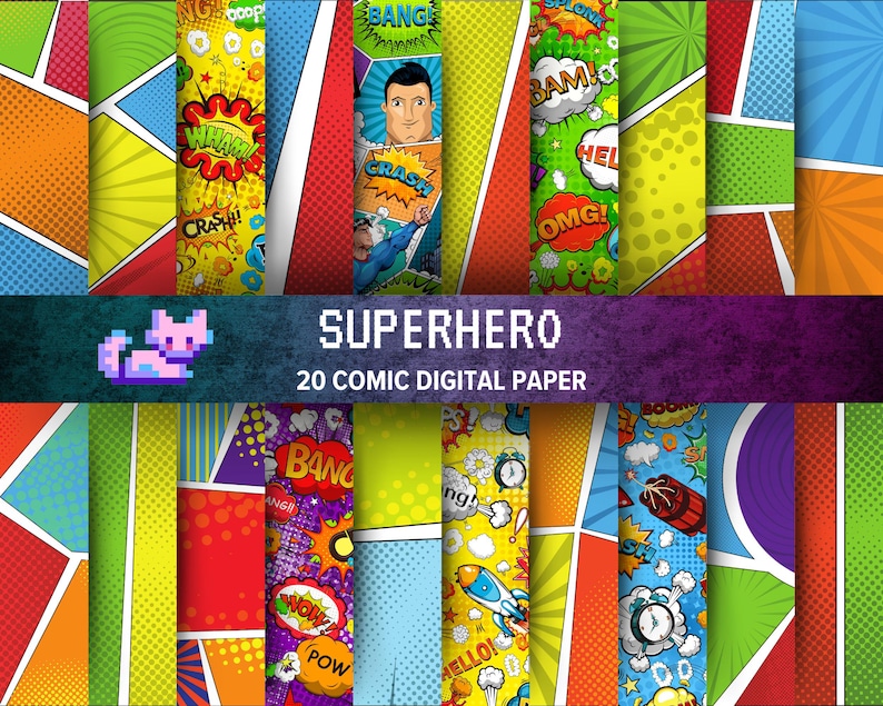 Superhero Comic Book Digital Paper Pack, 6 Seamless Patterns & 14 Pop ...