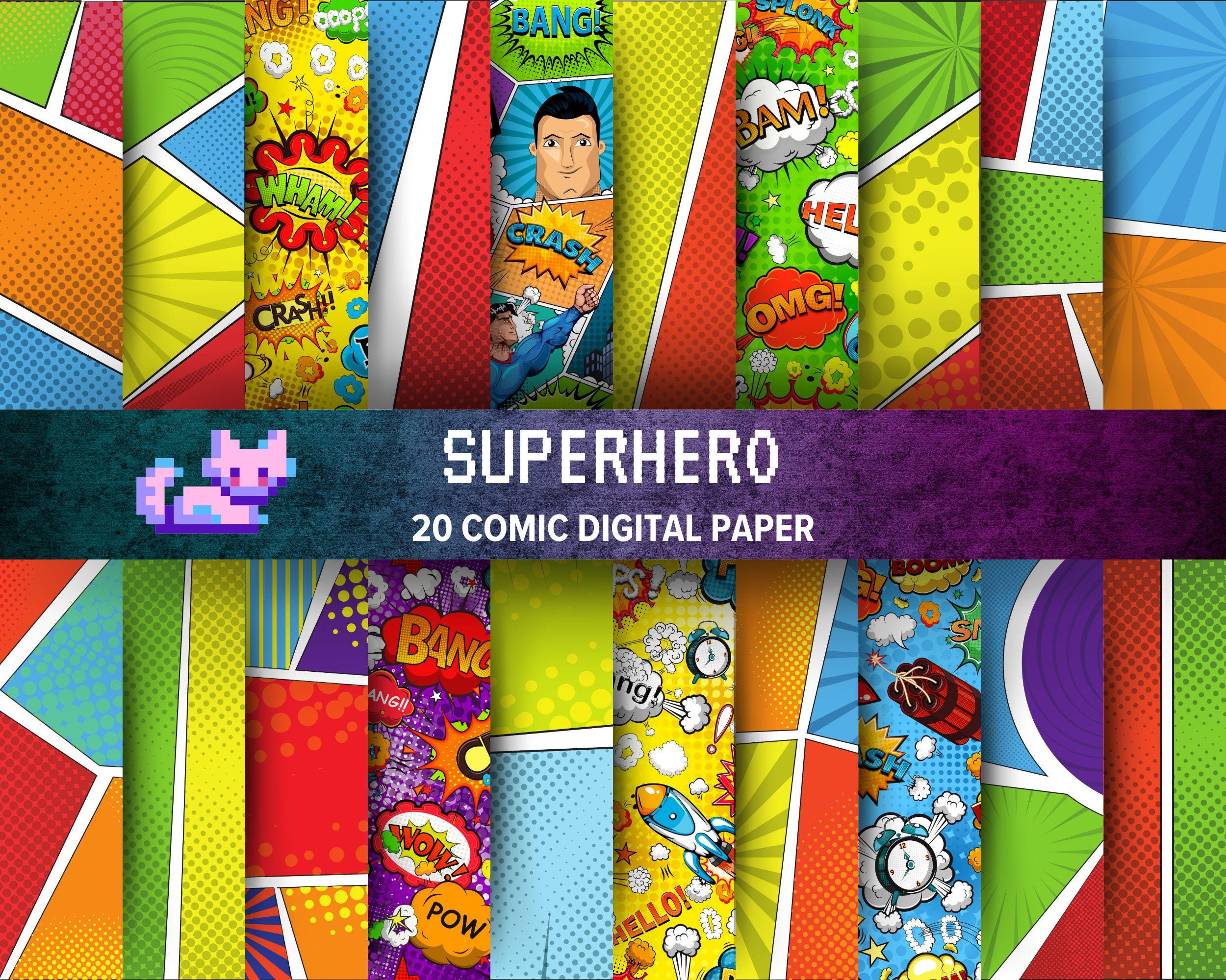 Superhero Comic Book Digital Paper Pack, 6 Seamless Patterns & 14 Pop ...