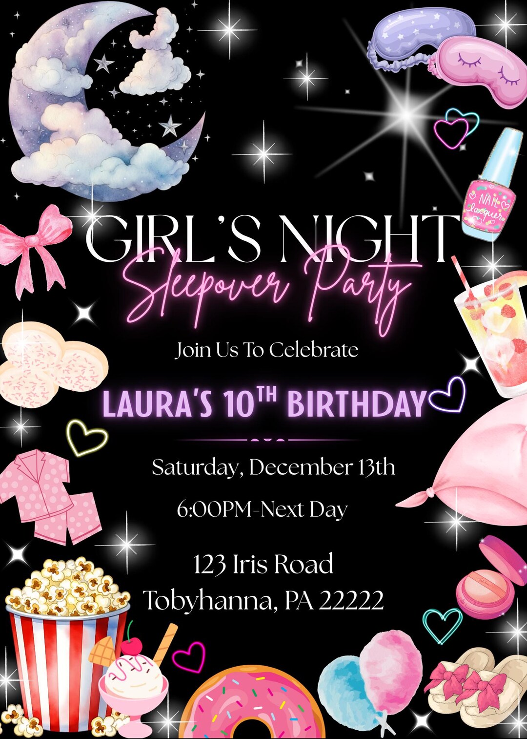 Girls Night Sleepover Invitation | Neon Pajama Party Template (digital ...