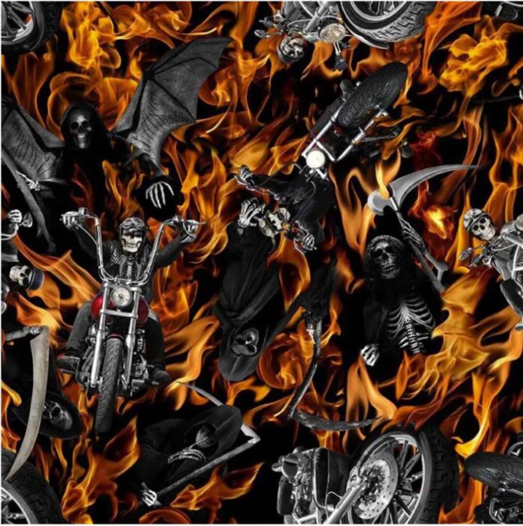Wicked – Skeletons Flaming Motorcycles by Timeless Treasures (CD2415 ...