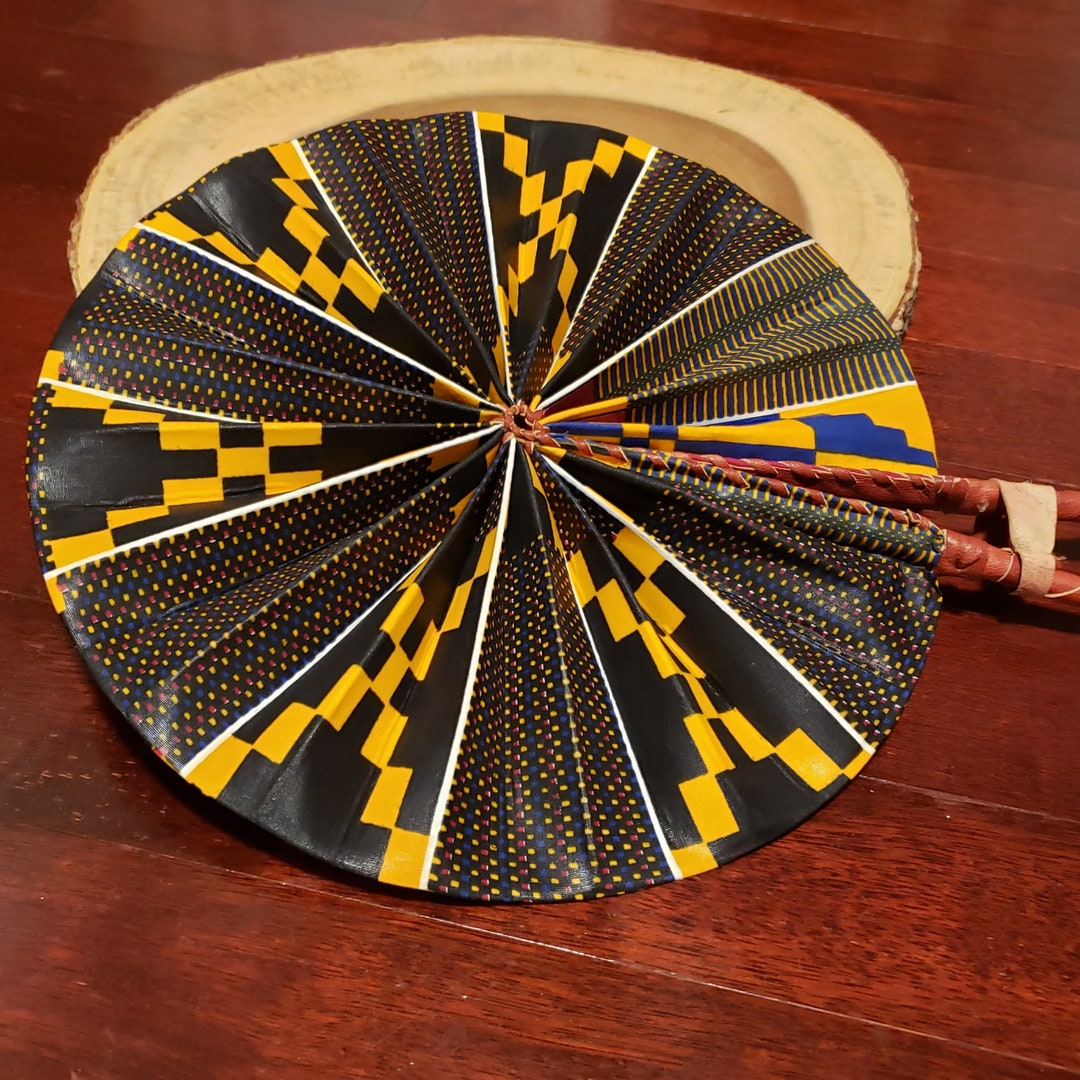African Folding Fan Kente Fabric Black, Gold, Yellow Foldable Fan Made ...