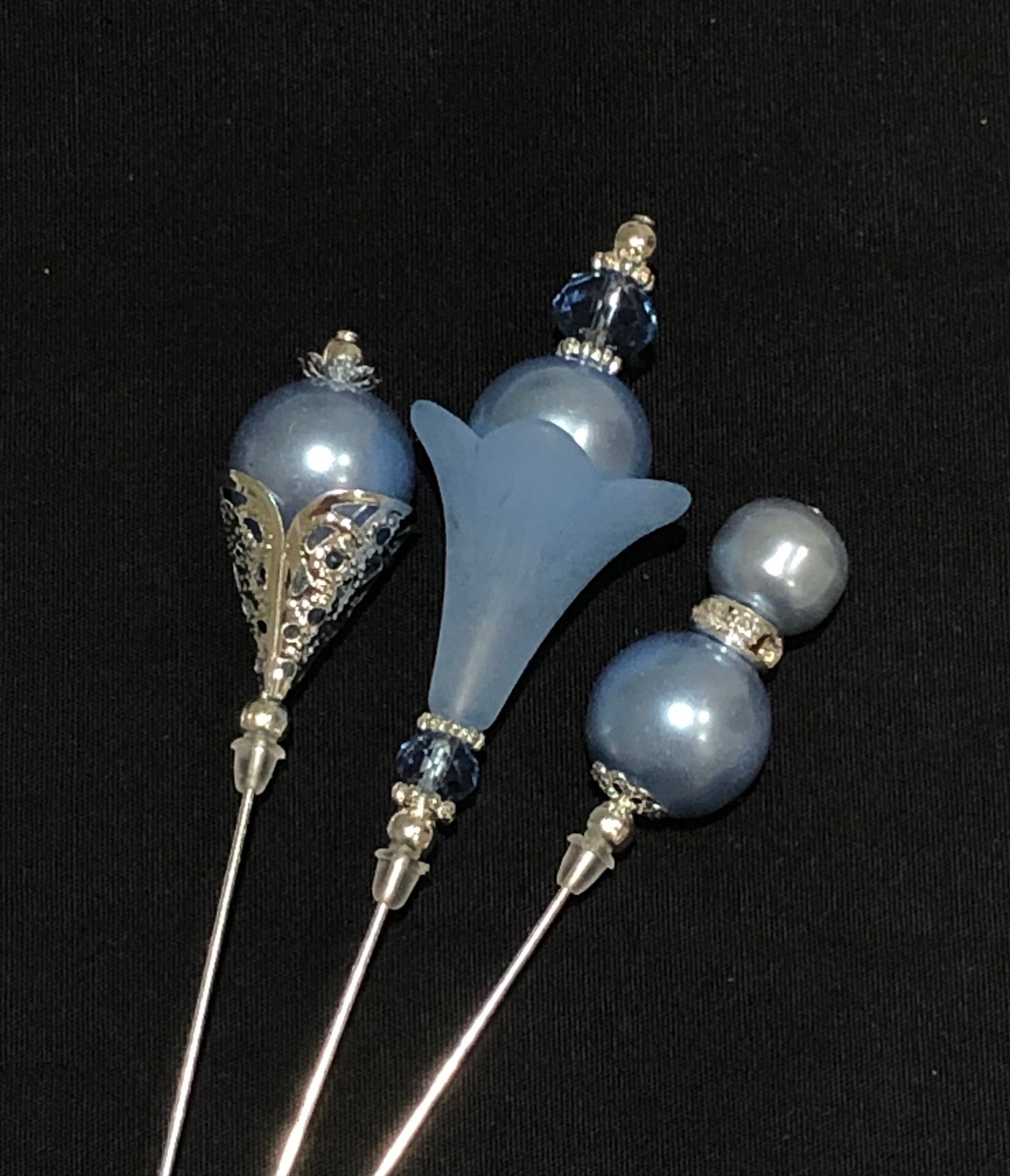 Long Silver Hat or Lapel Pins With Flowers, Pearls and Rhinestones: 3 ...